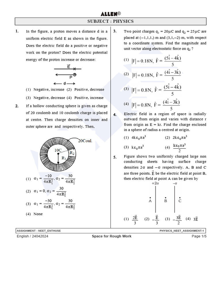 Physics Electrostatics Assignment-1 | PDF | Electric Field | Physical Quantities