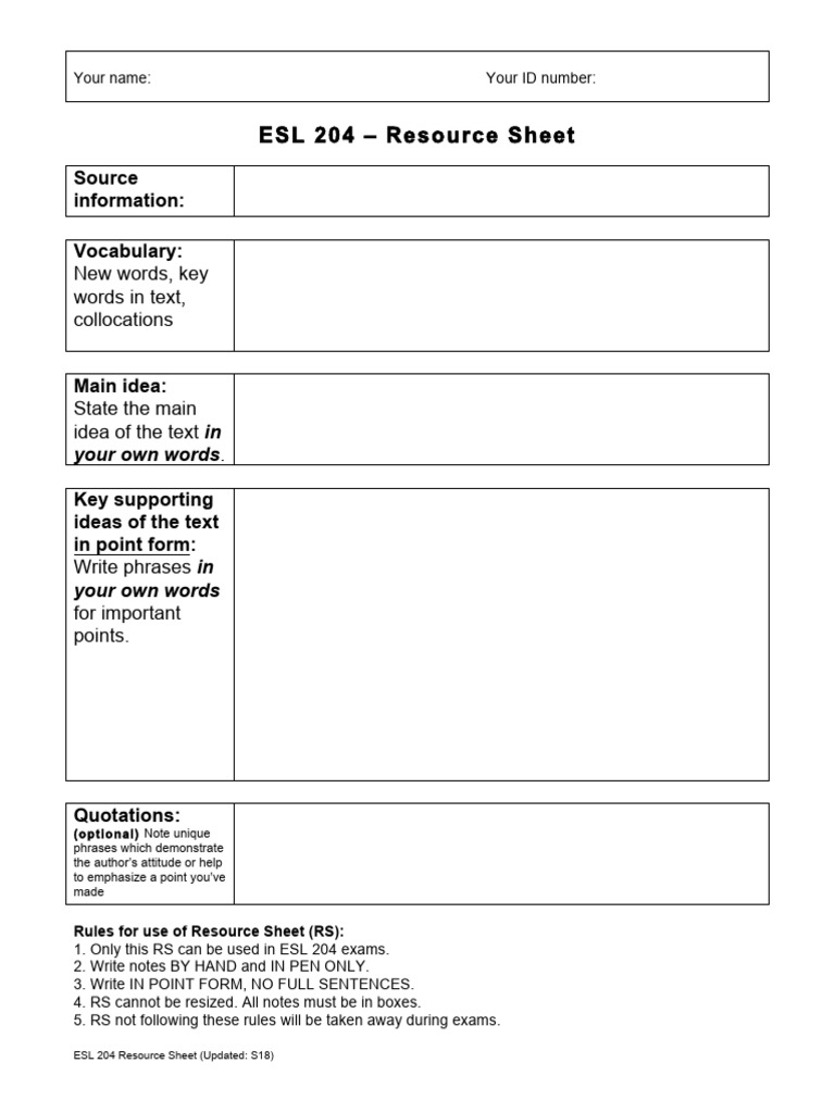 ESL 204 Exam Resource Sheet Guide | PDF