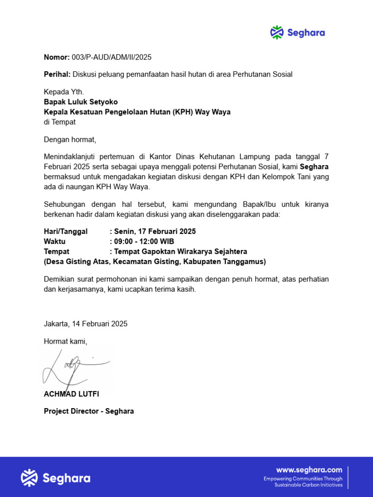 Surat Undangan Seghara - KPH Way Waya | PDF