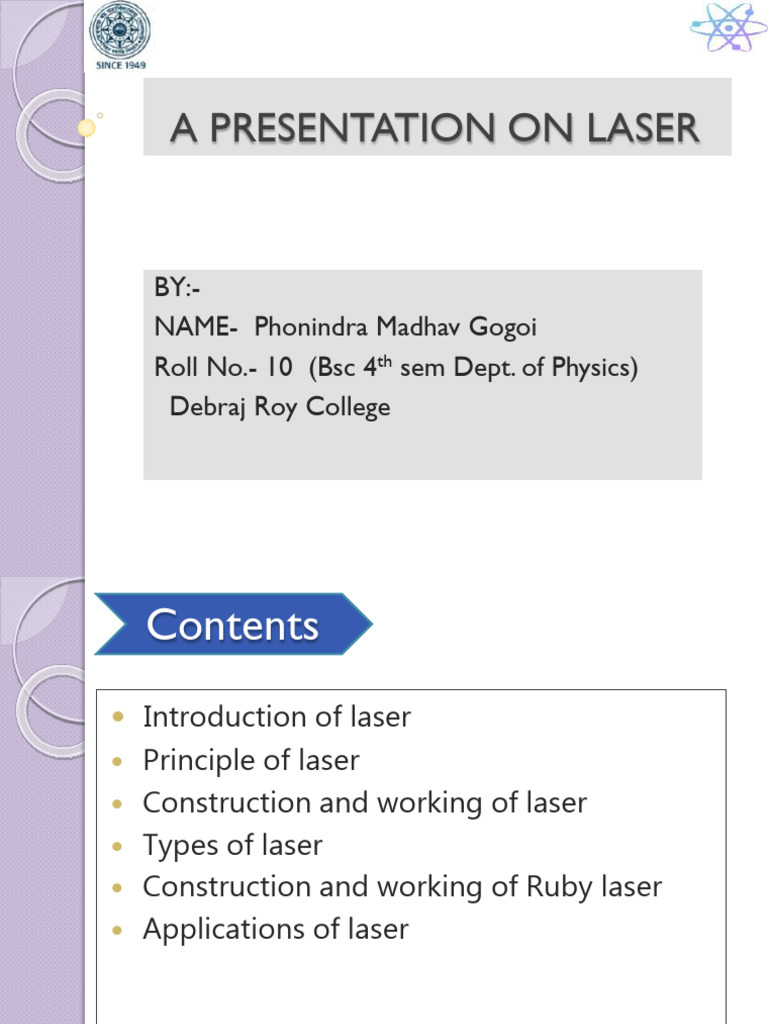 A Presentation On Laser PMG | PDF | Laser | Emission Spectrum