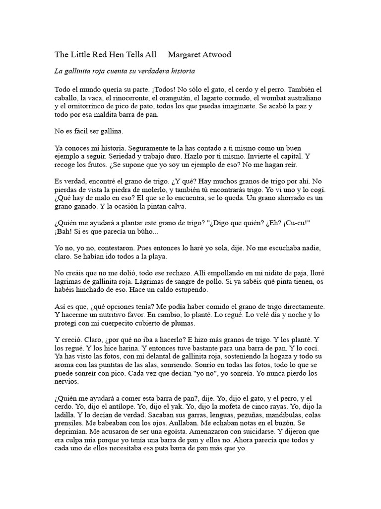 La Gallinita Roja Lo Cuenta Todo. Margaret Atwood | PDF | Zoología ...