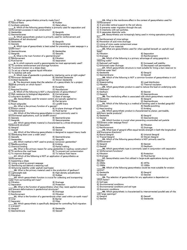 GEOSYNTHETICS (Questionnaire) | PDF | Building Materials | Materials