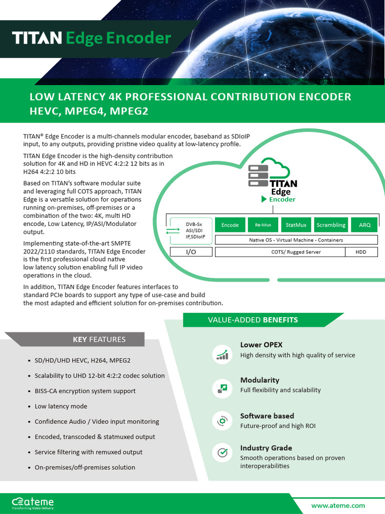 Datasheet TITAN EDGE ENCODER - Low Latency 4k Professional Contribution Encoder HEVC MPEG4 MPEG2 ...