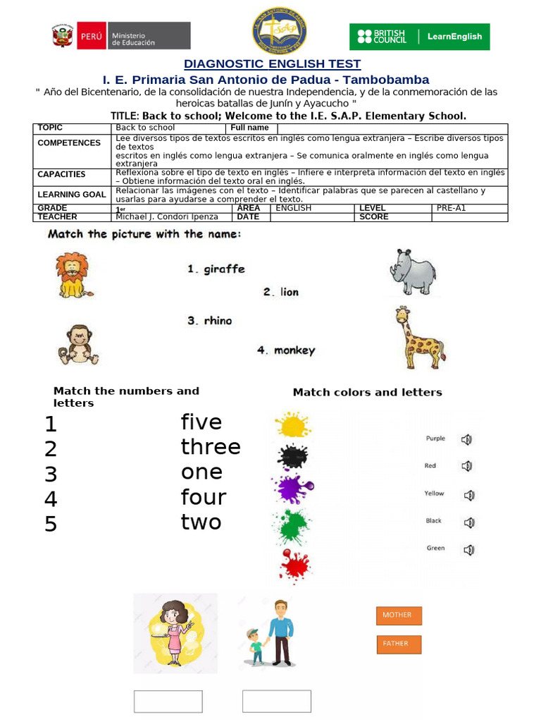 Examen-Diagnostico-Ingles-Primaria 1ro | PDF