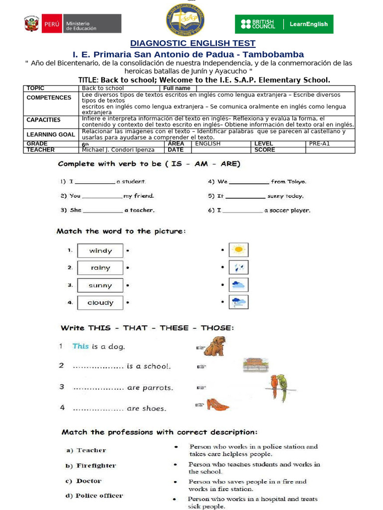 Examen-Diagnostico-Ingles-Primaria 6to | PDF