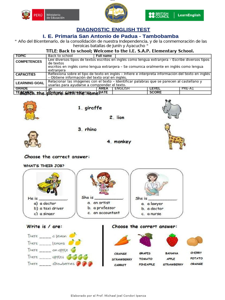 Prueba de Inglés para 4to Grado | PDF