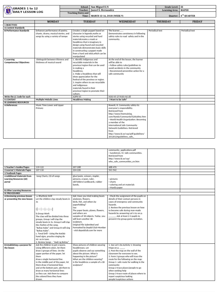DLL_MAPEH 3_Q4_W9 | PDF | Differentiated Instruction | Learning
