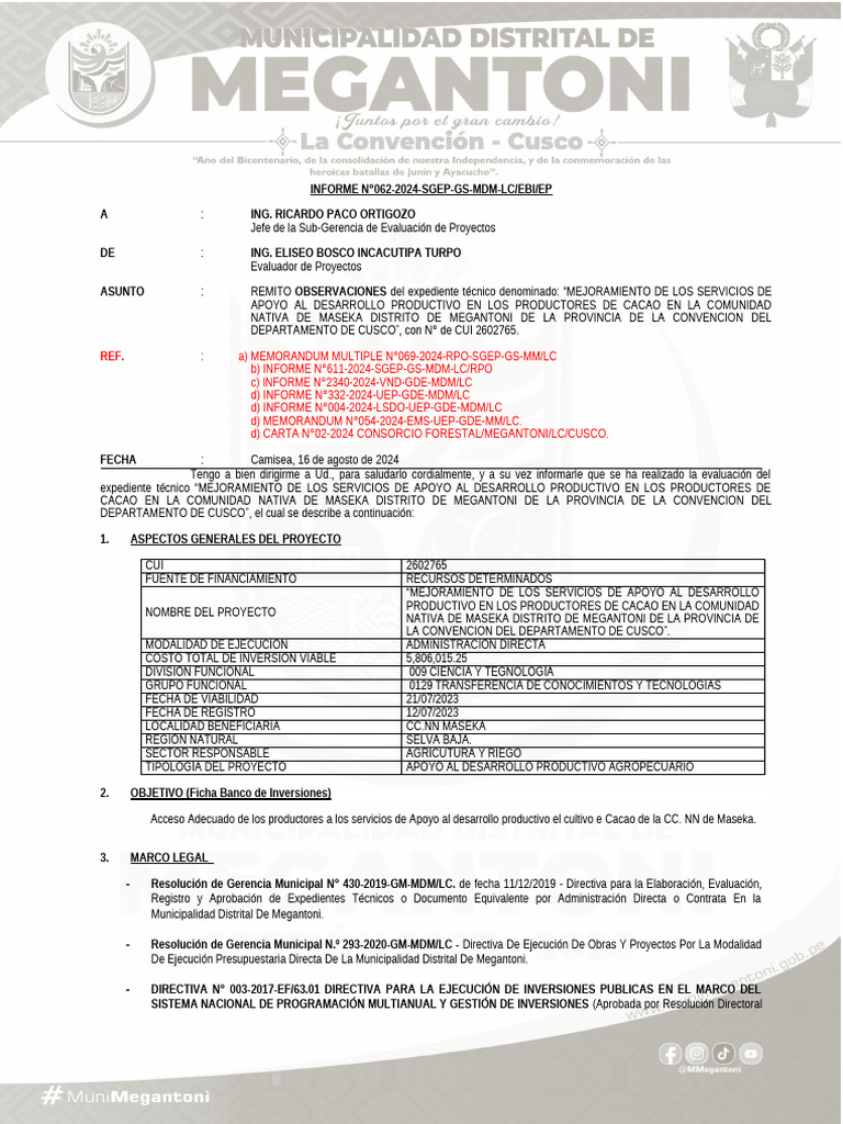 Informe 042 - Cacao - Maseka - Infraestructura | PDF | Presupuesto | Topografía