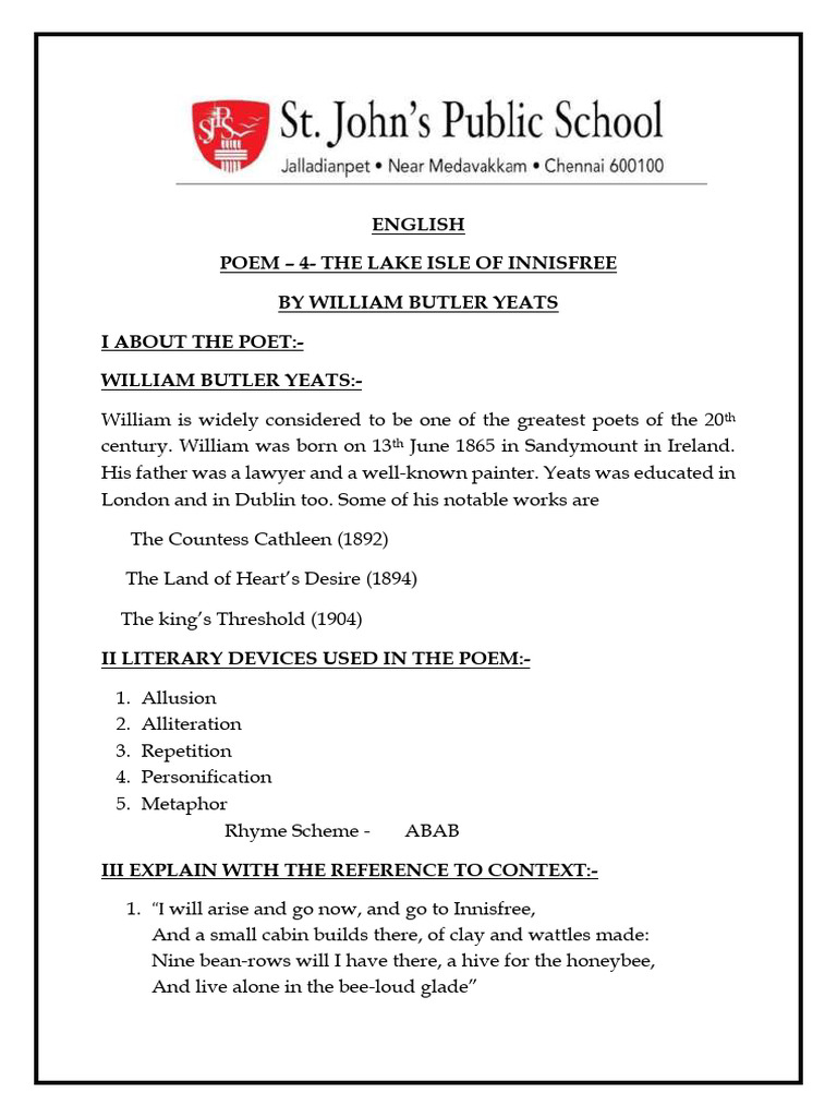 Poem - The Lake Isle of Innisfree | PDF