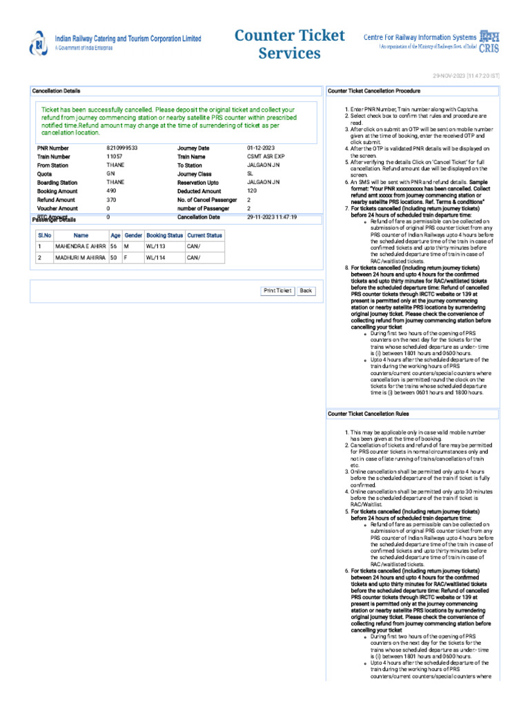 Counter Ticket Services: 29-NOV-2023 (11:47:20 IST) | PDF | Transport