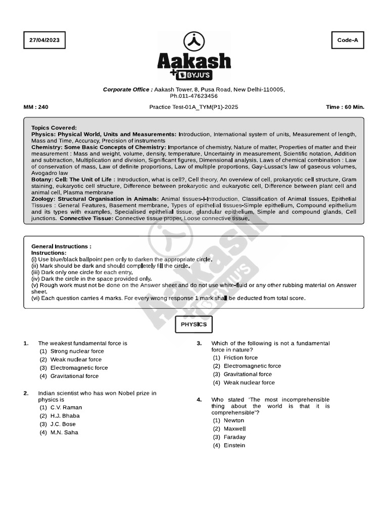 Practice Test 01A TYM P1 2025 Question1689653397985 | PDF