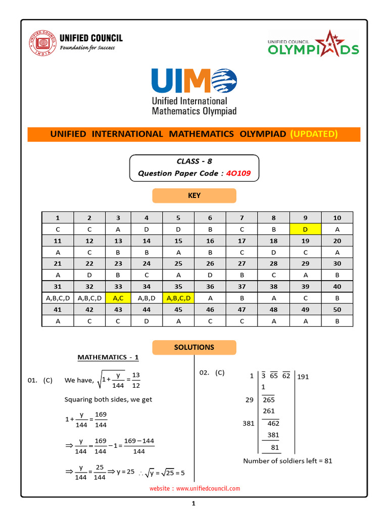 CL_8_UIMO-2024-Paper-4O109 Key-Updated | PDF | Mathematics