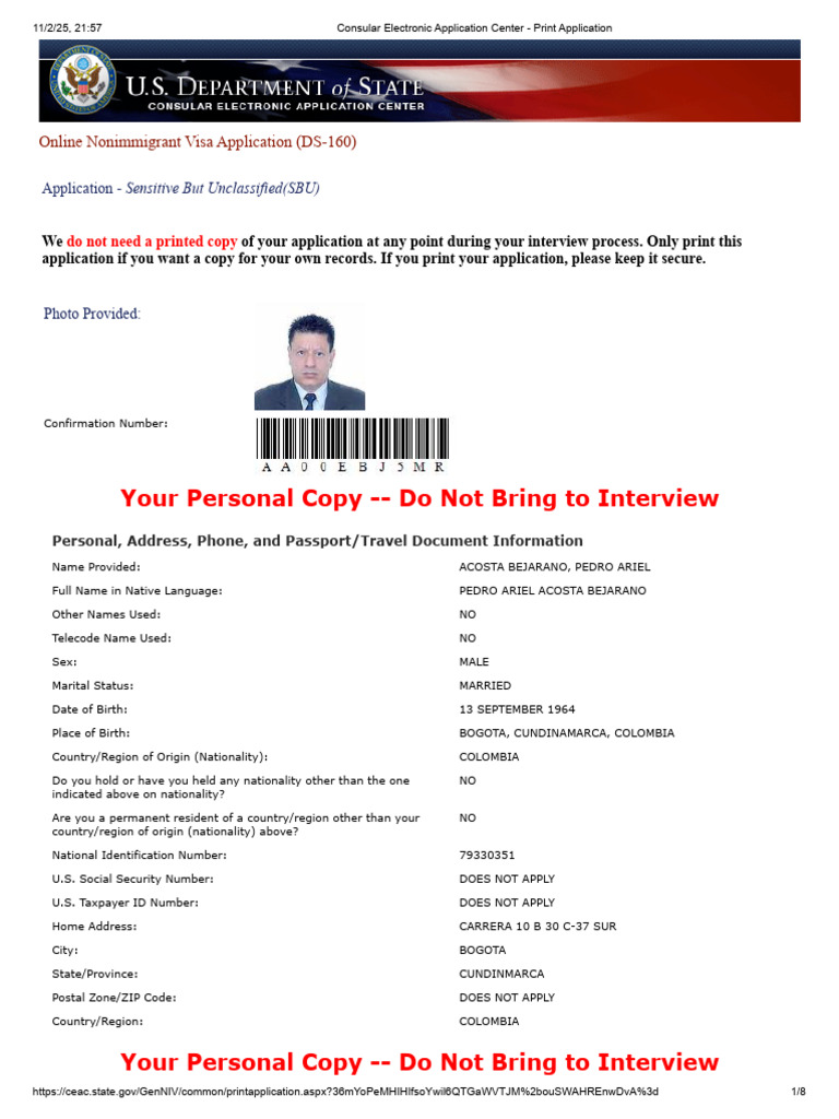 New Form Pedro Ariel Acosta Bejarano | PDF | Travel Visa | Crimes