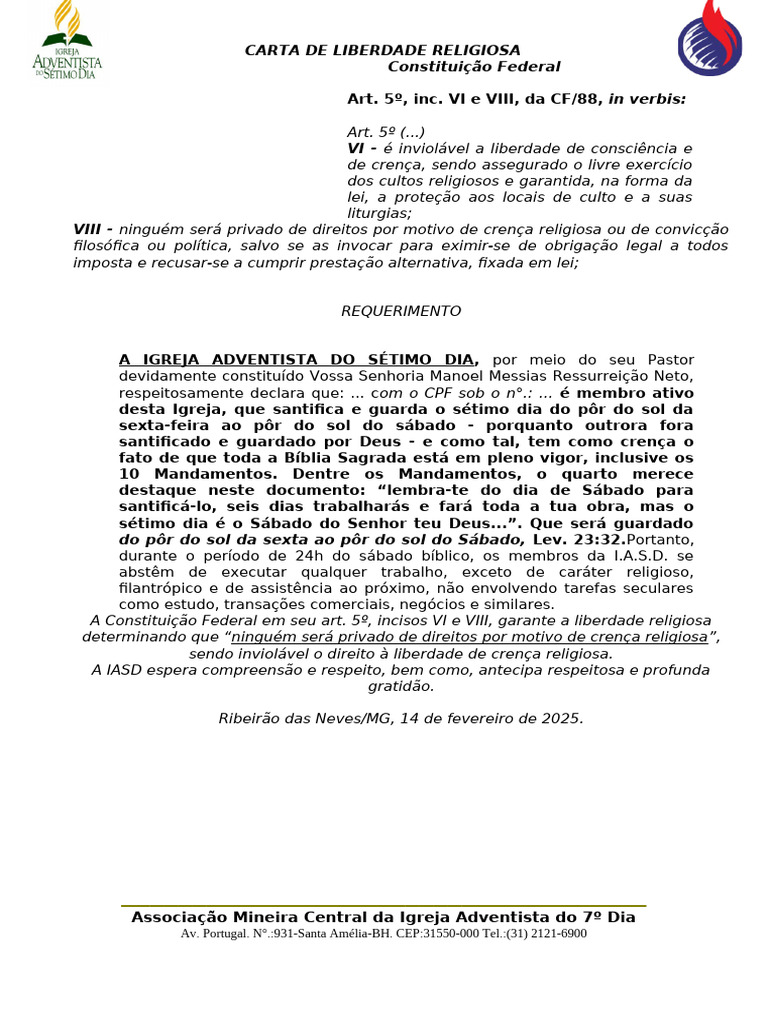Carta de Liberdade Religiosa. | PDF | Shabat | Liberdade de religião