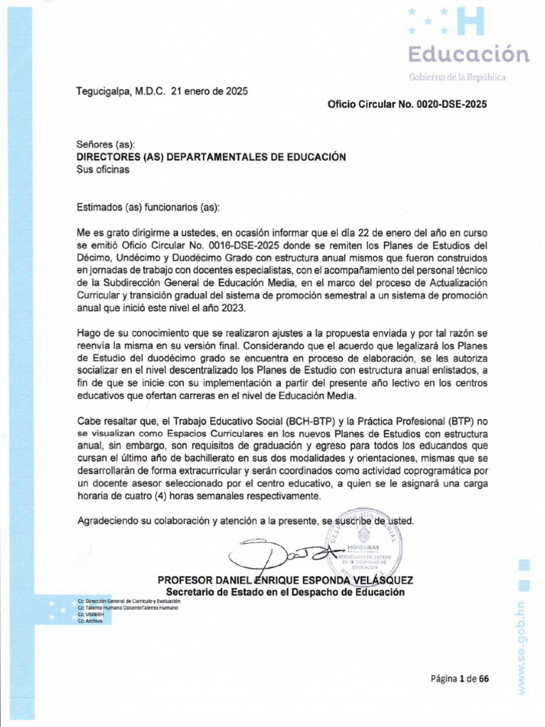 Oficio Circular No. 0020-DSE-2025-DDE-Planes de Estudios Seguiminiento Oficio Circular 0016 ...