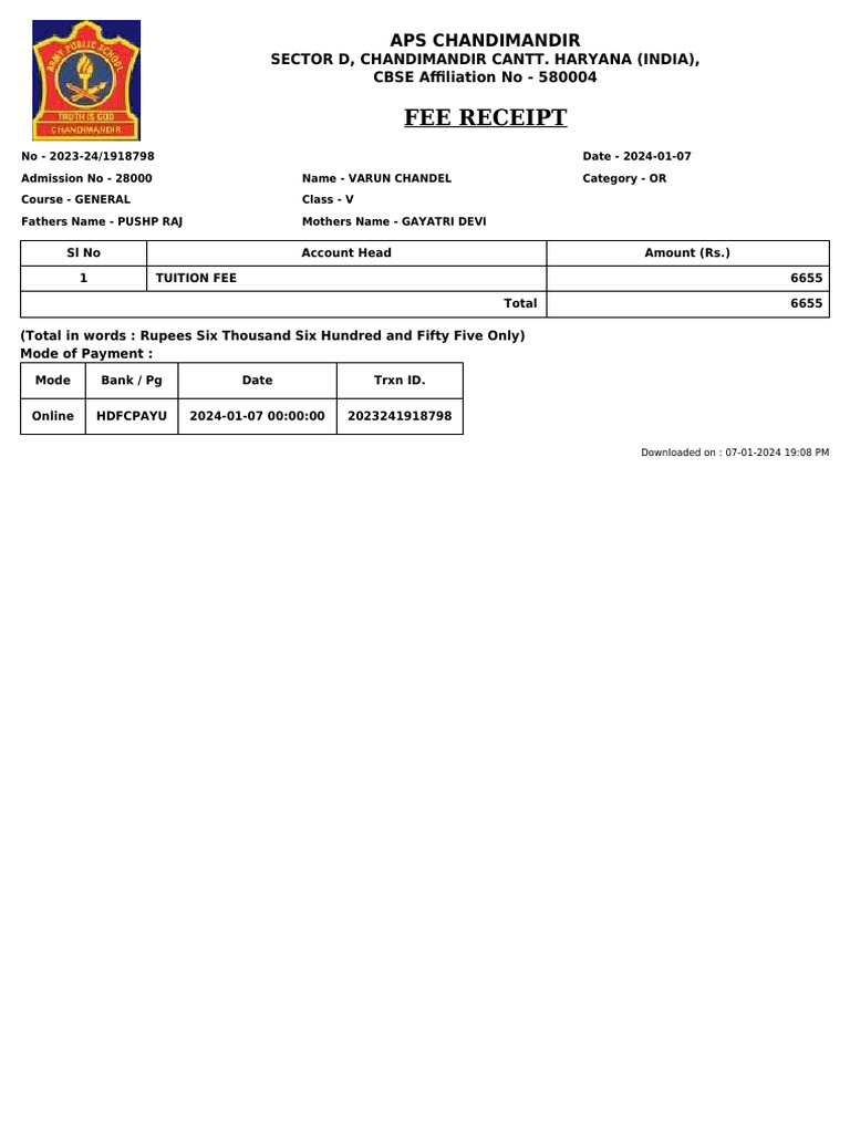 Fee Receipt for Varun Chandel, Class V | PDF