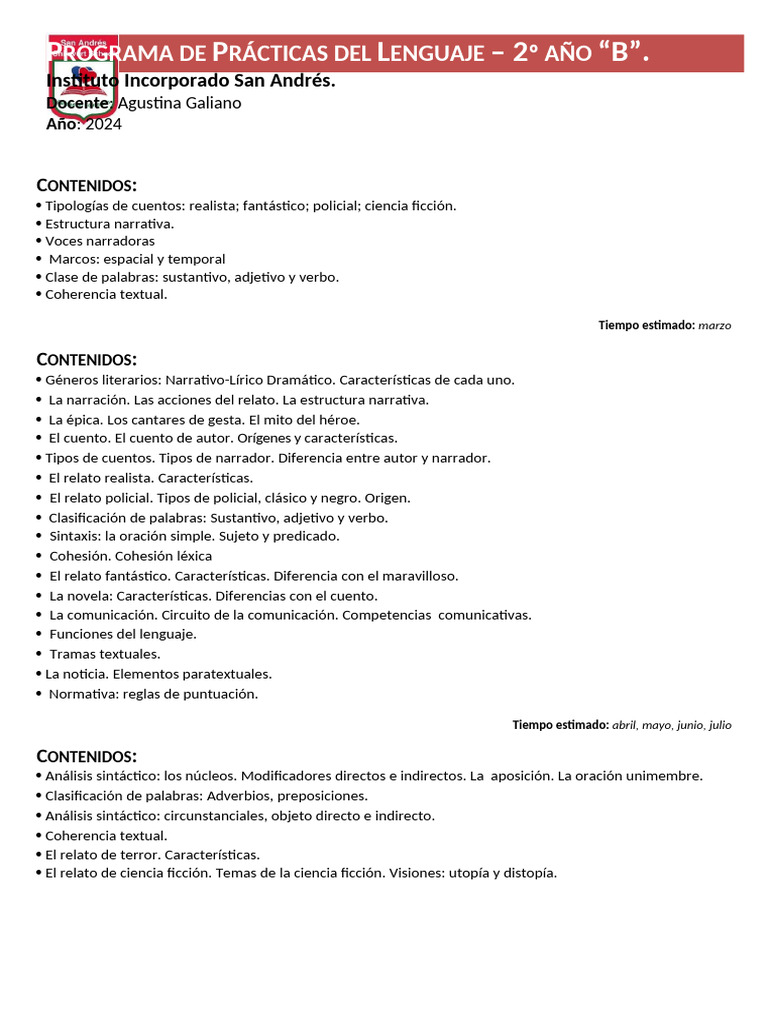 Programa de Prácticas de Lenguaje 2º Año B | PDF