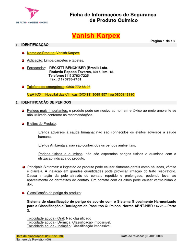 FISPQ - Vanish Karpex | PDF | Primeiros socorros | Incêndios