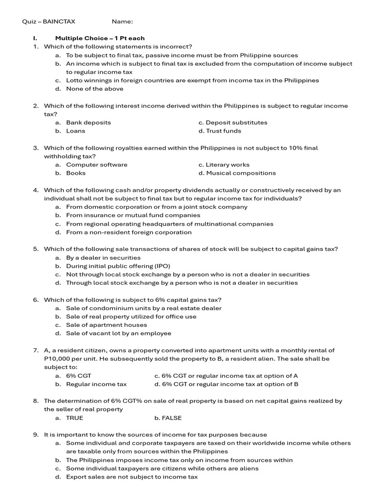 Income Tax Quiz | PDF | Capital Gains Tax | Income Tax