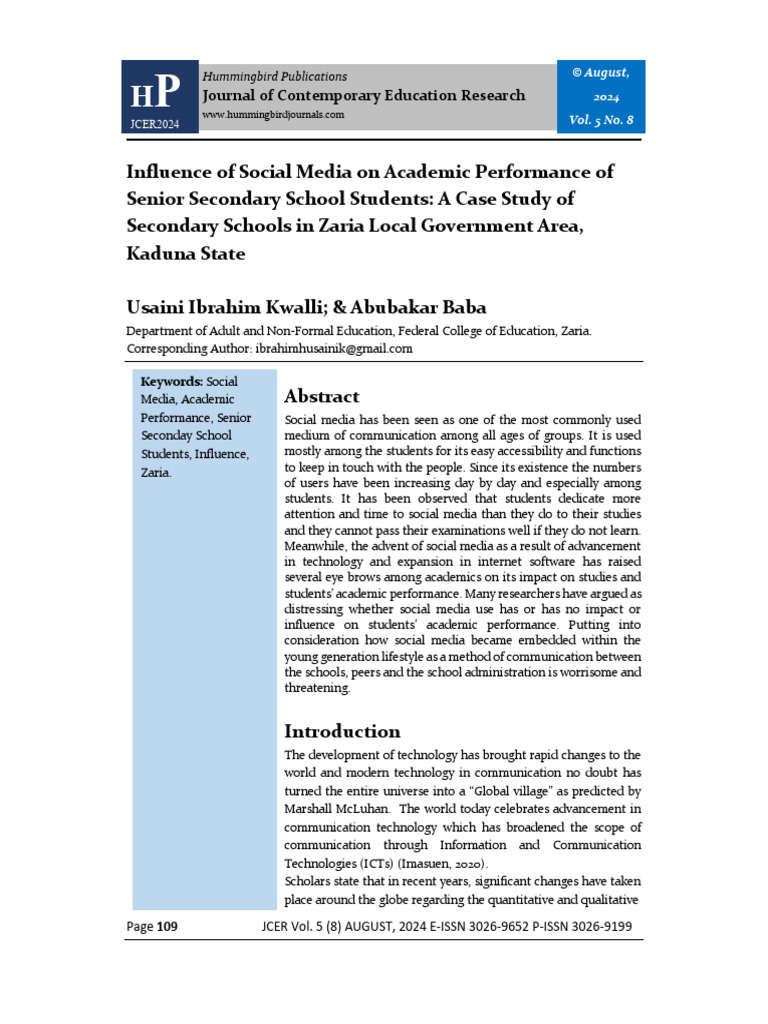 Influence of Social Media On Academic Performance On Secondary School ...