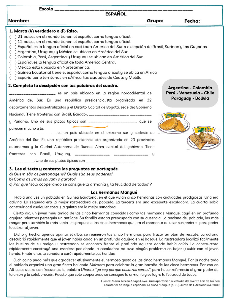 Atividade compreensão leitora em espanhol | PDF | Américas | América ...