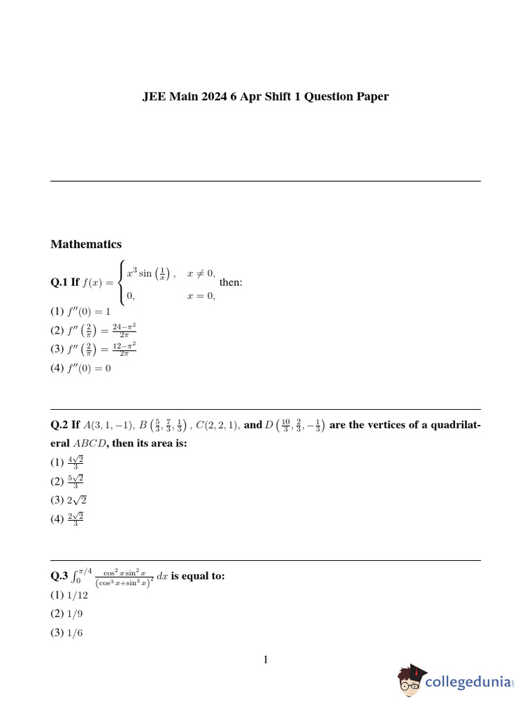 JEE Main 2024 Apr 6 Shift 1 Question Paper ...