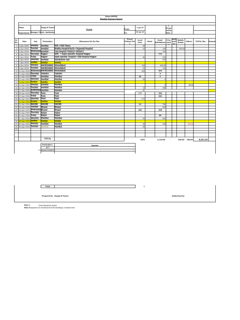 April 2024 Monthly Expense Report | PDF