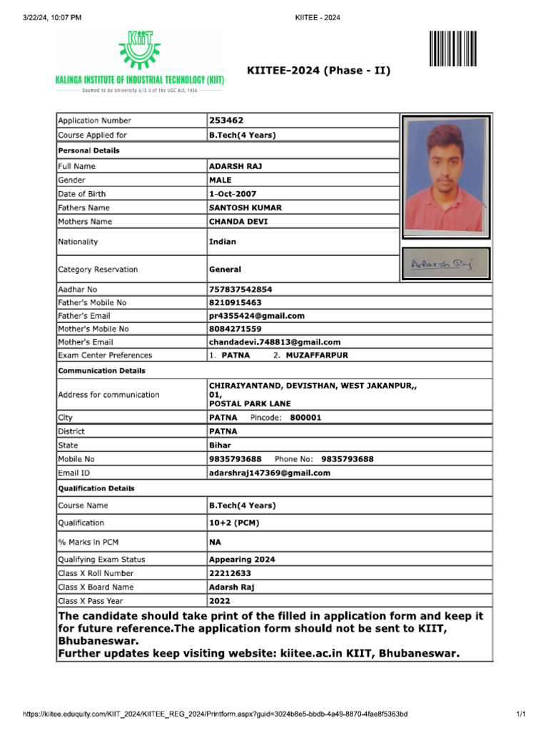 Adarsh - Kittee, Application Form of Kiit | PDF