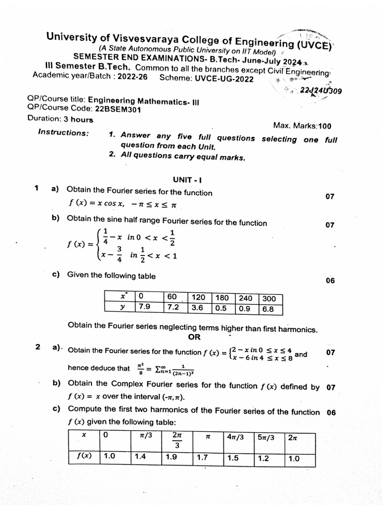3rd Semester B Tech Engineering Mathematics - 3 2024 | PDF