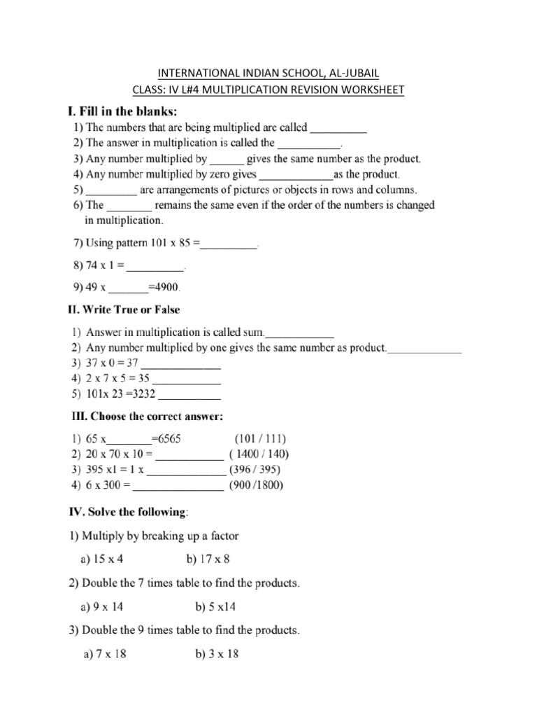 Multiplication Class 4 Worksheet (2024-2025) - 241108 - 141911 | PDF