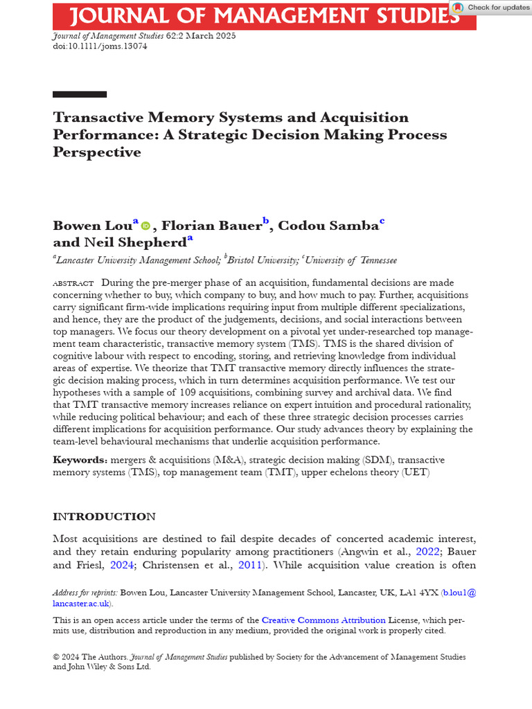 PLS J Management Studies - 2024 - Lou - Transactive Memory Systems and ...