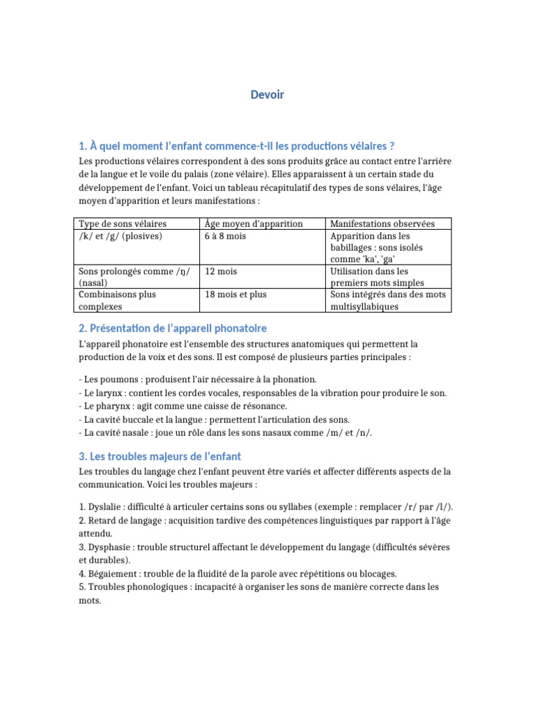 Développement des sons vélaires chez l'enfant | PDF