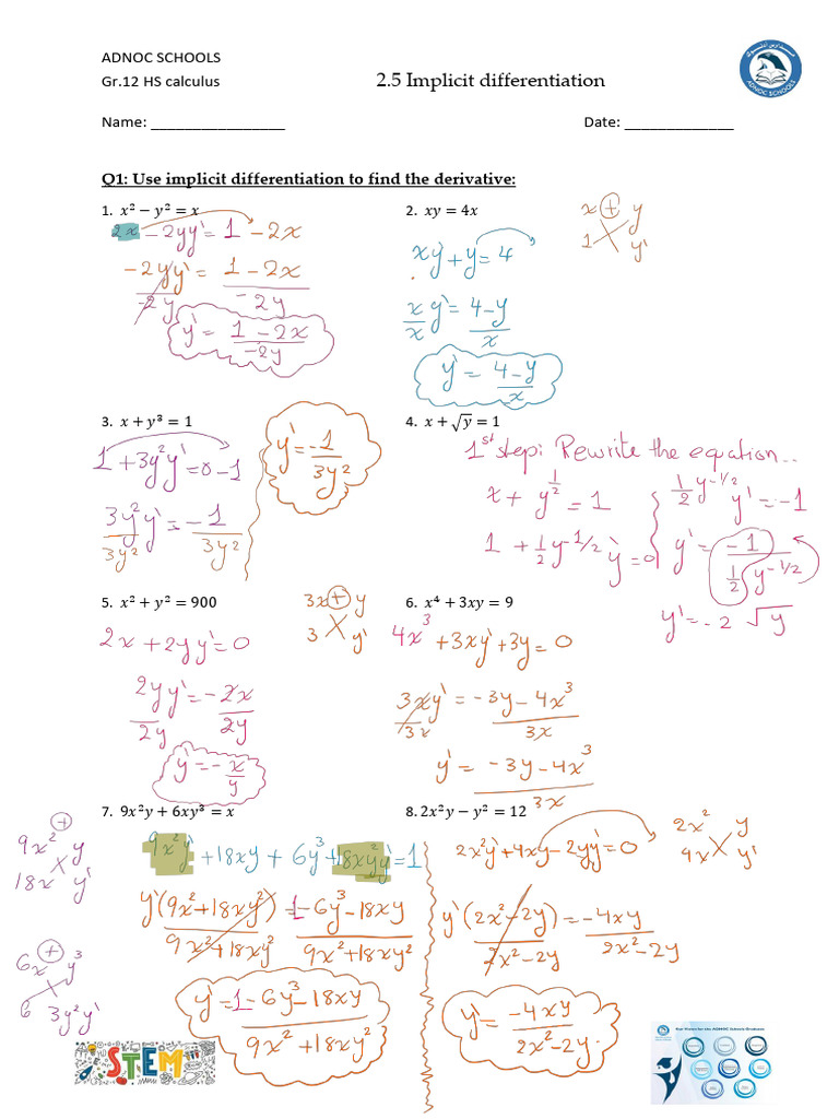 Amswer Key For Implicit Differentiation | PDF
