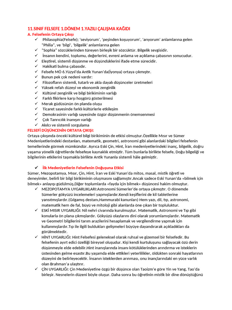 11.sınıf Felsefe 1.dönem 1.yazılı Ders Notları-1 | PDF