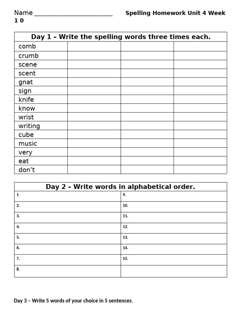 Spelling Homework U4 W1 | PDF