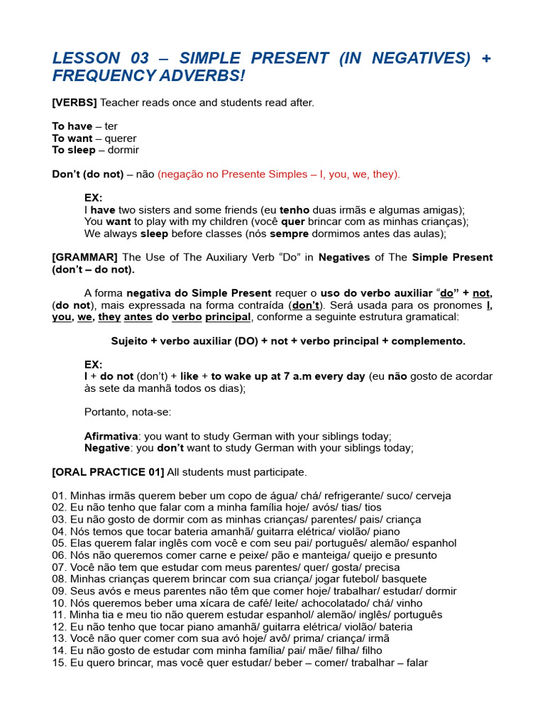 LESSON 03 – SIMPLE PRESENT (IN NEGATIVES) + FREQUENCY ADVERBS! | PDF
