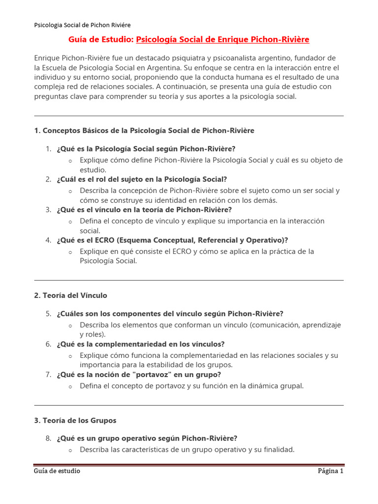 Guía de Estudio: Psicología Social Pichon-Rivière | PDF | Sicología ...