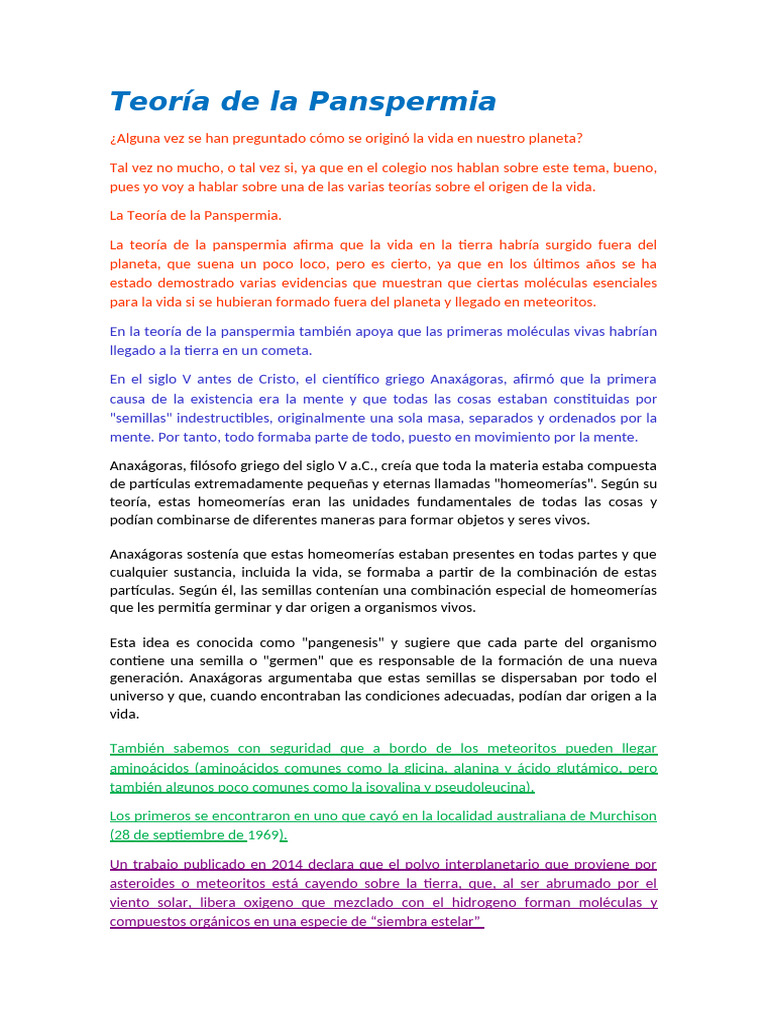 Teoría de La Panspermia | PDF | Vida | Teoría