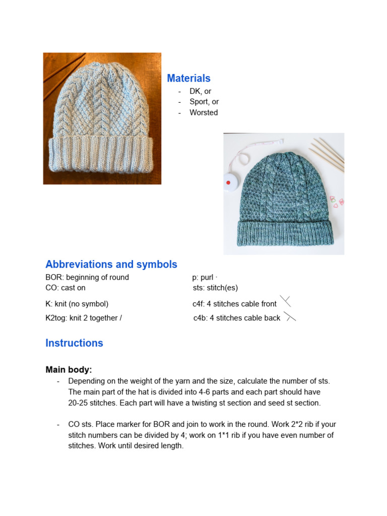 Cable Seed Hat Knitting Pattern | PDF | Knitting | Needlework