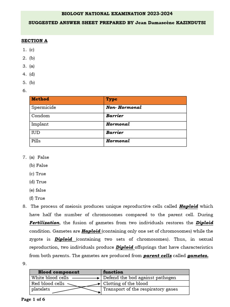 Biology National Exam 2023-2024 Answers | PDF | Osmosis | Ploidy