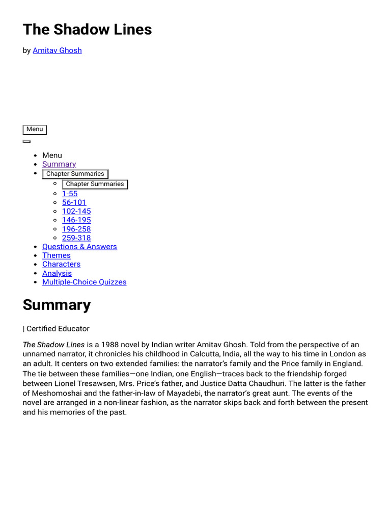 Summary of The Shadow Lines | PDF