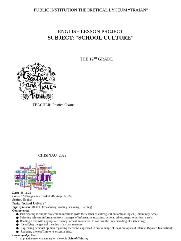 12 A School Culture Lesson Plan | PDF | Human Communication | Learning