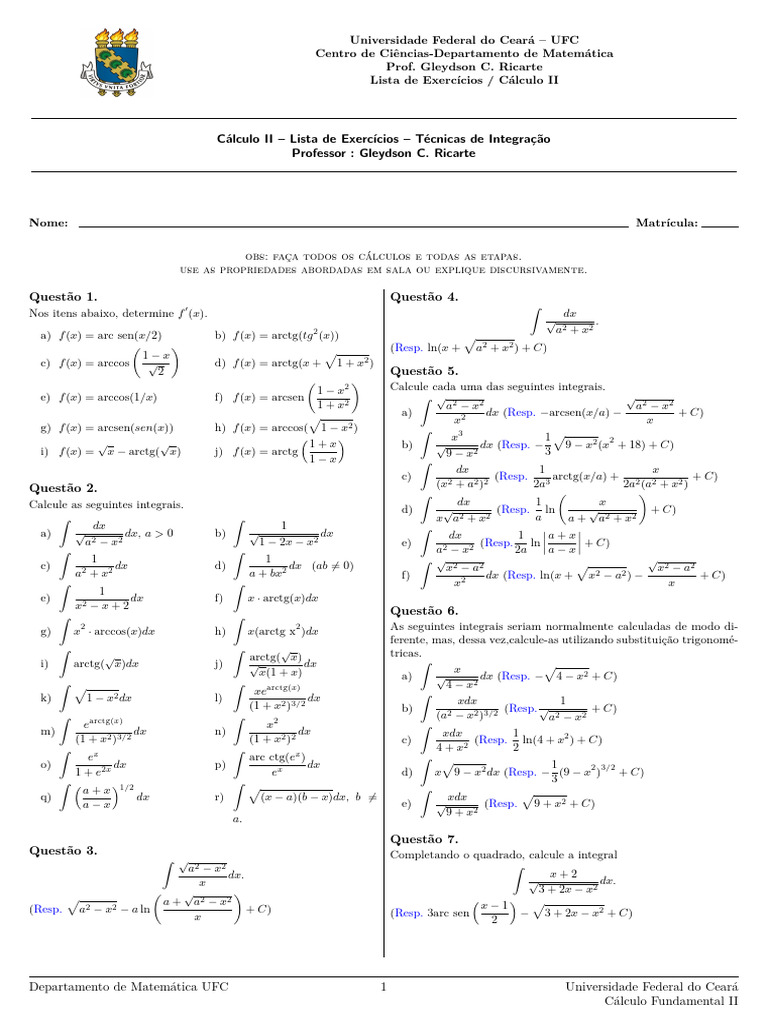 Exercícios de Cálculo II - UFC | PDF