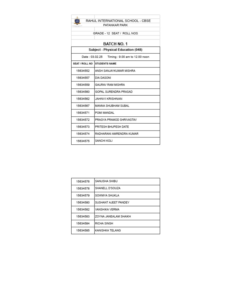 Grade Xii Physical Education Batchwise Roll No. For Practical Exam 2025 | PDF