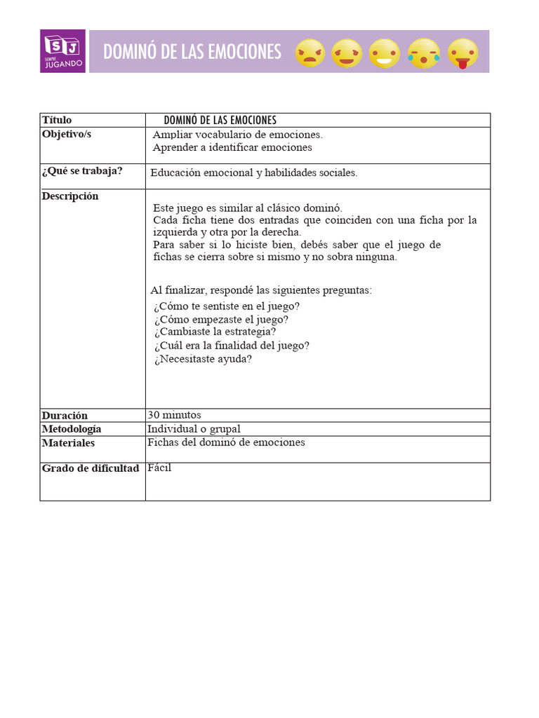 Juego Domino Emociones | PDF | Las emociones