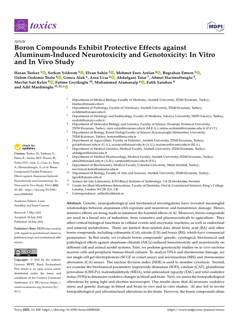 Boron Compounds Exhibit Protective Effects Against Aluminum-Induced Neurotoxicity. Toxics-10 ...