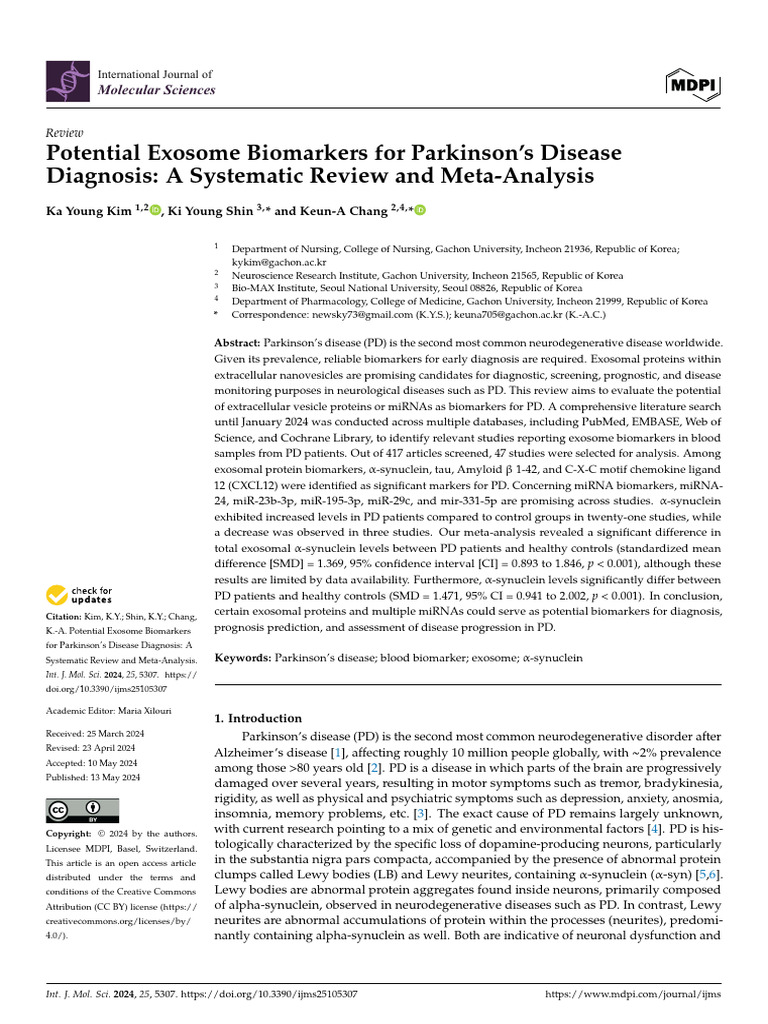 Potential Exosome Biomarkers For Parkinson's Disease Diagnosis. Ijms-25-05307-V3 | PDF ...