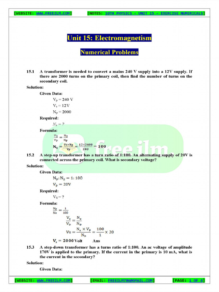 10th Phy CH 15 Numericals | PDF