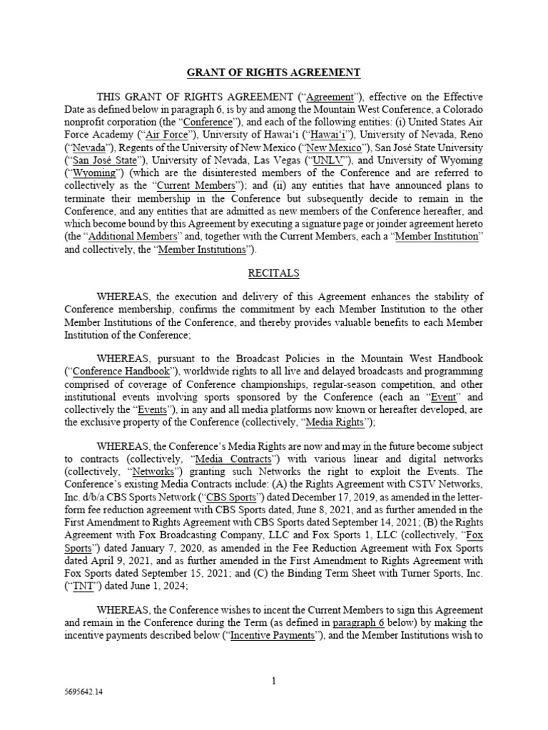 Mountain West Media Rights Agreement | PDF | Copyright | Nevada