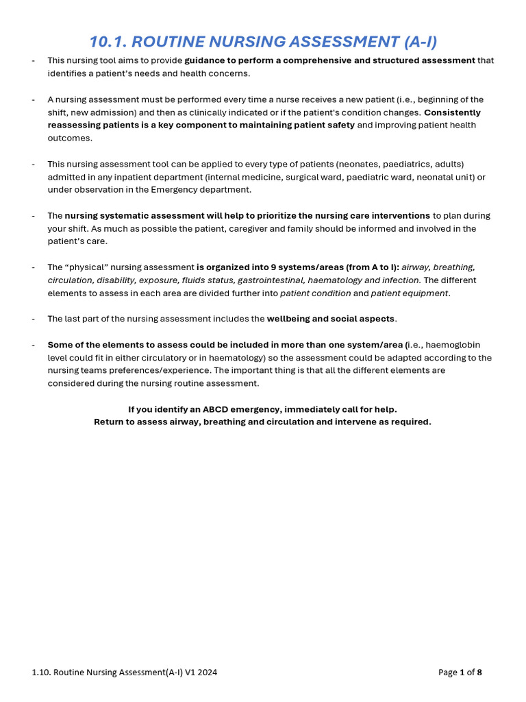 1.10. Nursing Routine Assessment (A-I) V1 2024 | PDF | Nursing ...